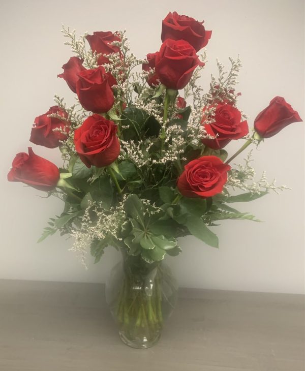18 Roses Arr. Filler & Greens – Nunan Florist and Greenhouses